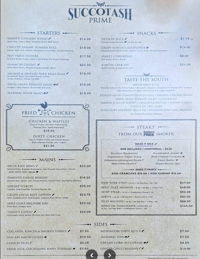 Succotash Prime Restaurant Menu – Southern & Asian Fusion Cuisine in ...